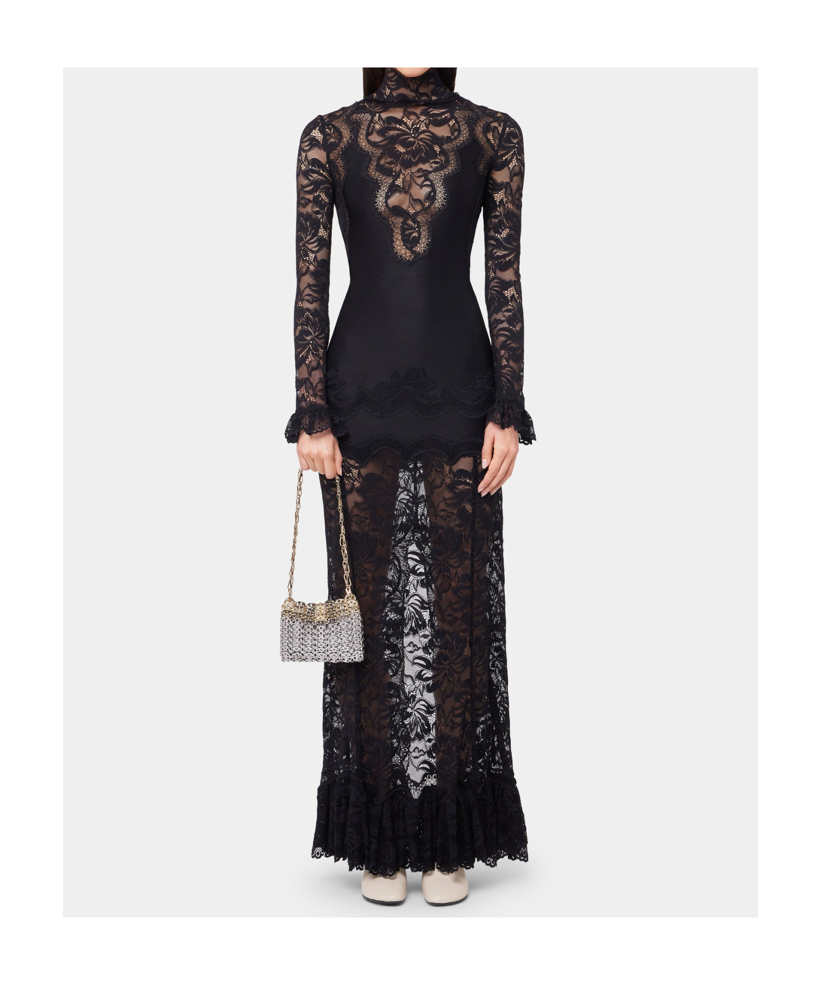 Rabanne Long Lace Jersey Dress - Black | Editorialist Rabanne Long Lace Jersey Dress - Black | Editorialist
