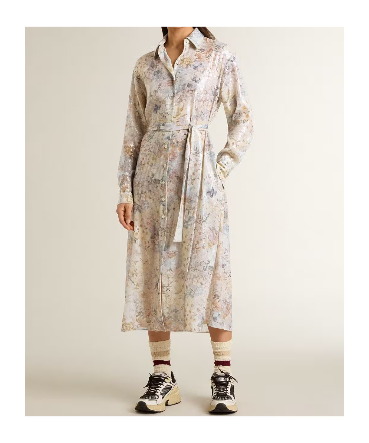 GOLDEN GOOSE Golden Goose Deluxe Brand Floral Printed Sequinned Belted Shirt Dress