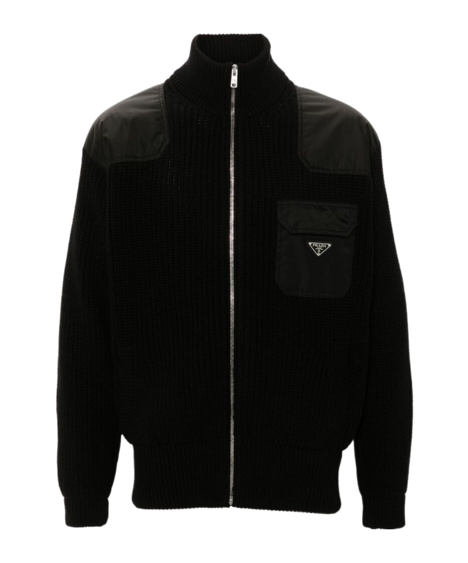 Prada Intarsia-Knit Logo Zip-Up Cardigan - F0008 Navy | Editorialist