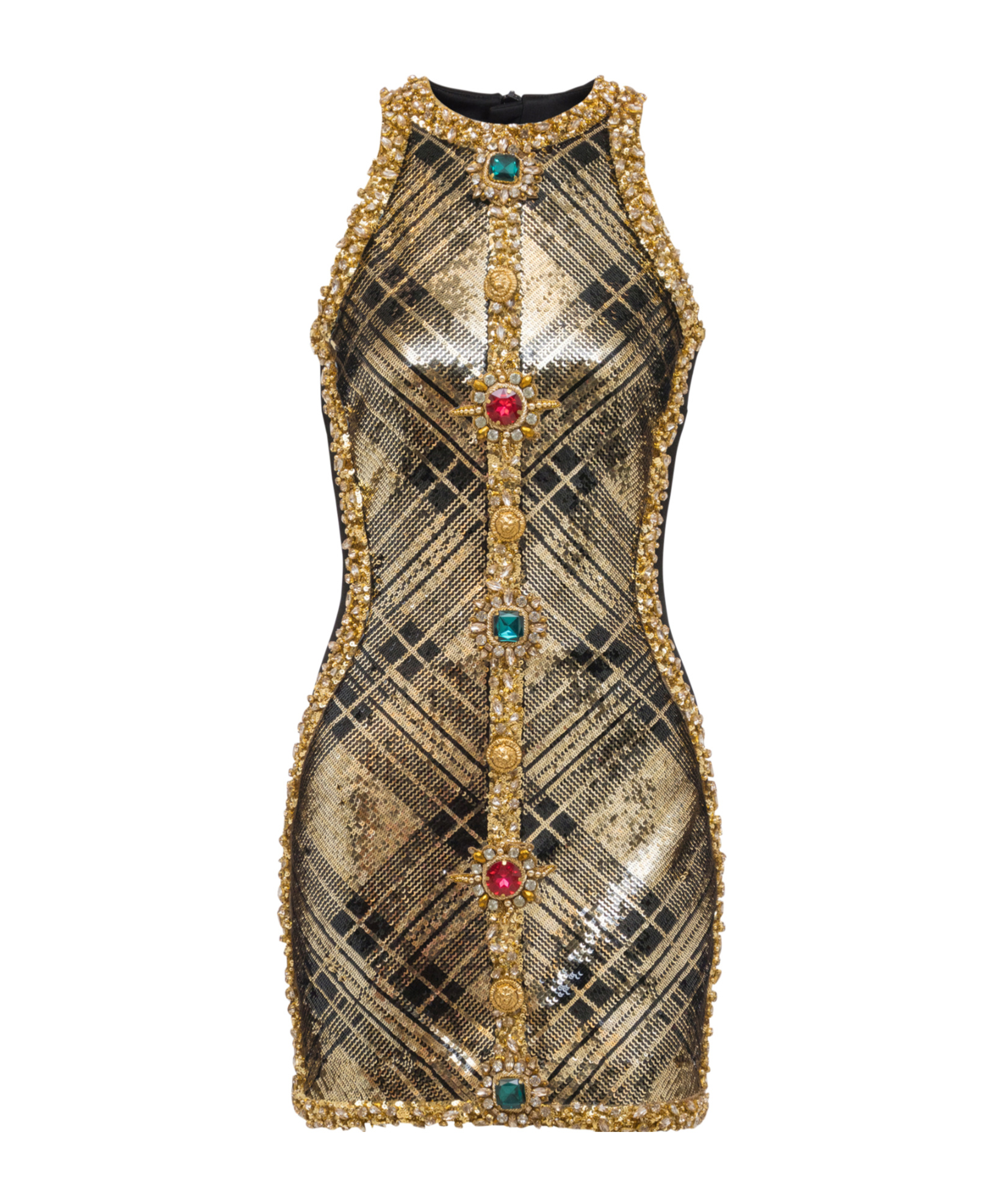 Balmain Plaid Jewel-embellished Sleeveless Dress - Gold