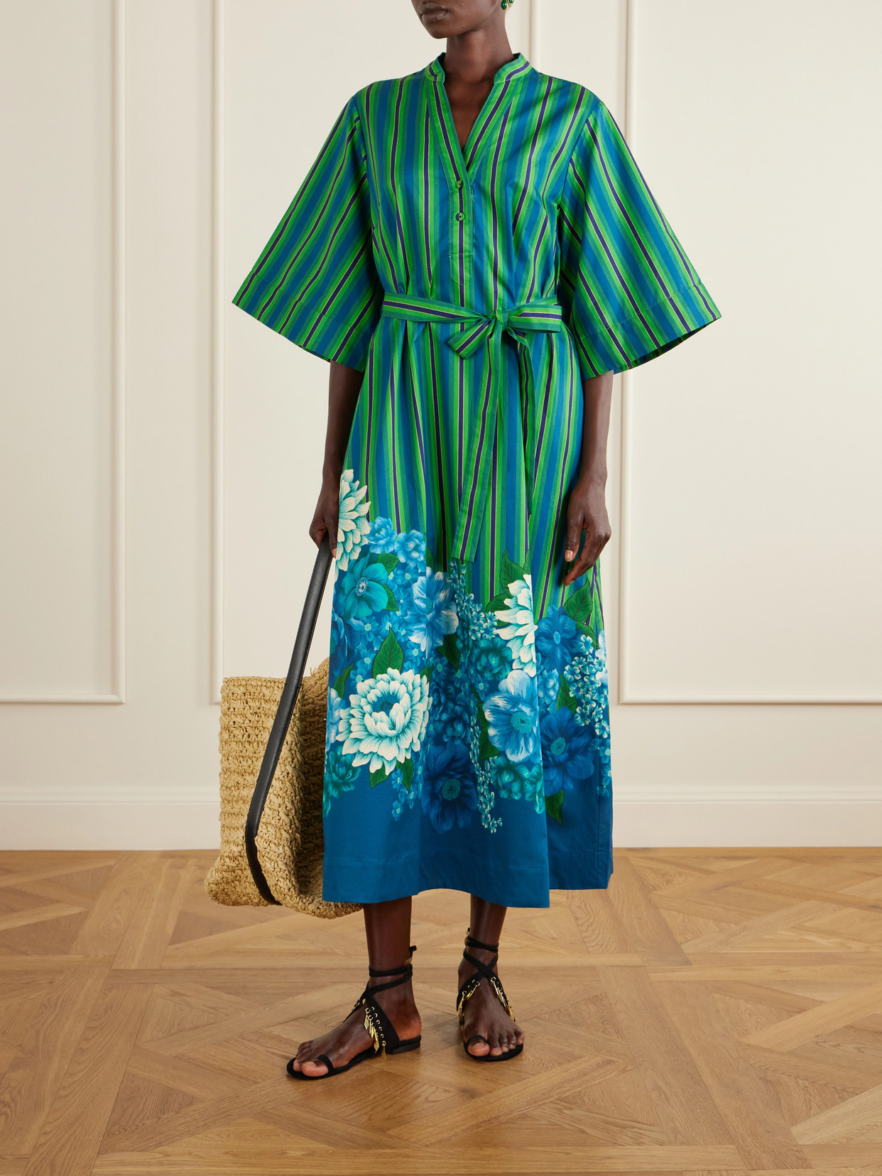 ALEMAIS ALÉMAIS Margo Belted Striped Floral-Print Organic Cotton-Poplin Midi Dress