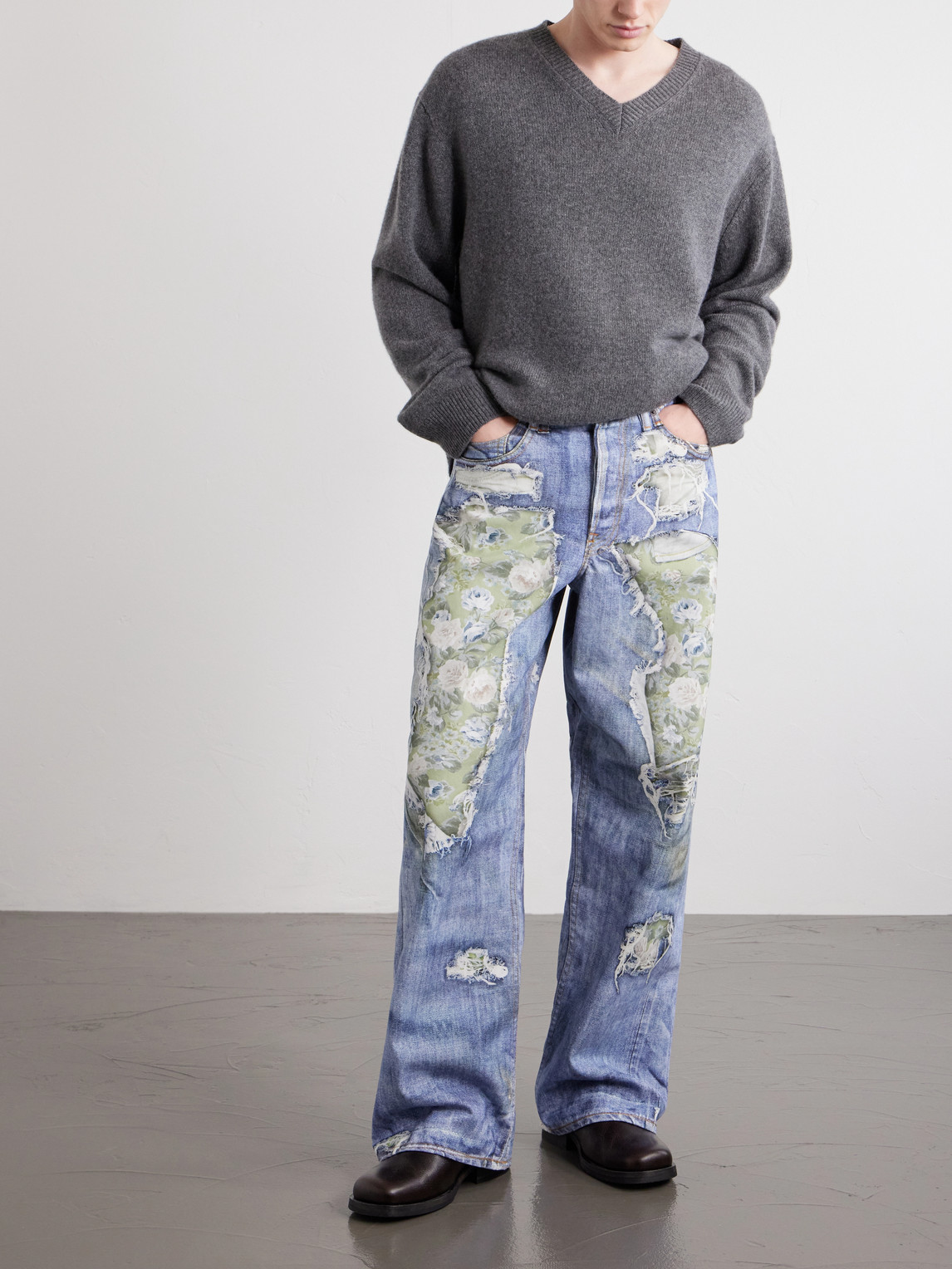 ACNE STUDIOS Rose-Printed Wide-Leg Cotton Jeans