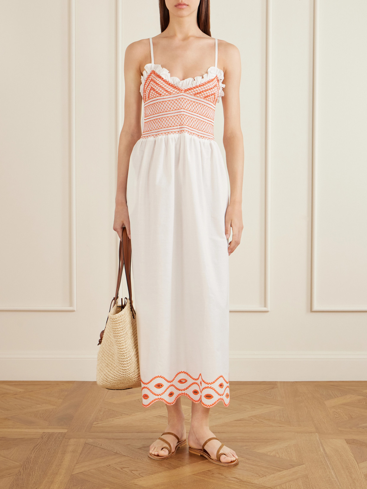 LORETTA CAPONI Loretta Caponi Bianca Embroidered Shirred Cotton Midi Dress