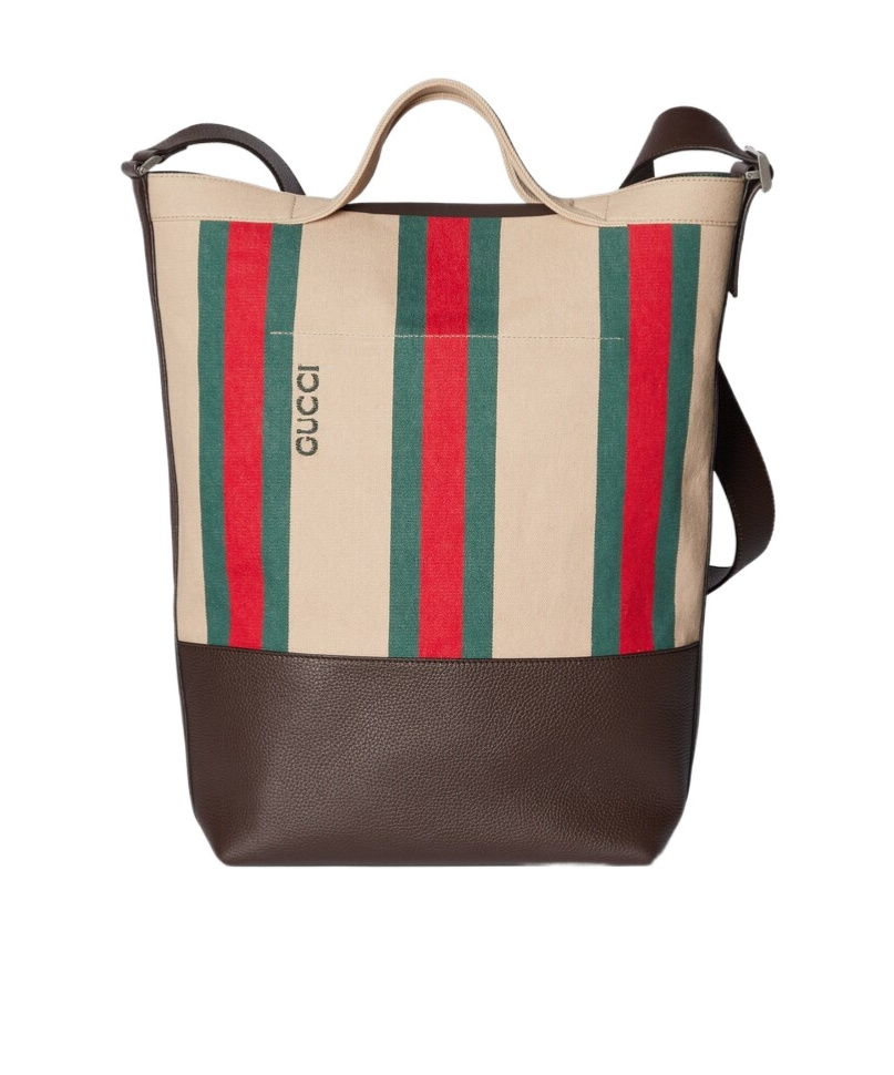 GUCCI Gucci Large Striped Canvas And Leather Tote Bag