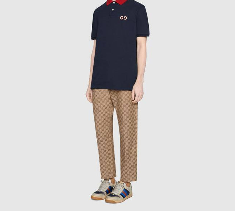 GUCCI gucci gg logo embroidered contrasting colors short sleeve polo shirt navy blue