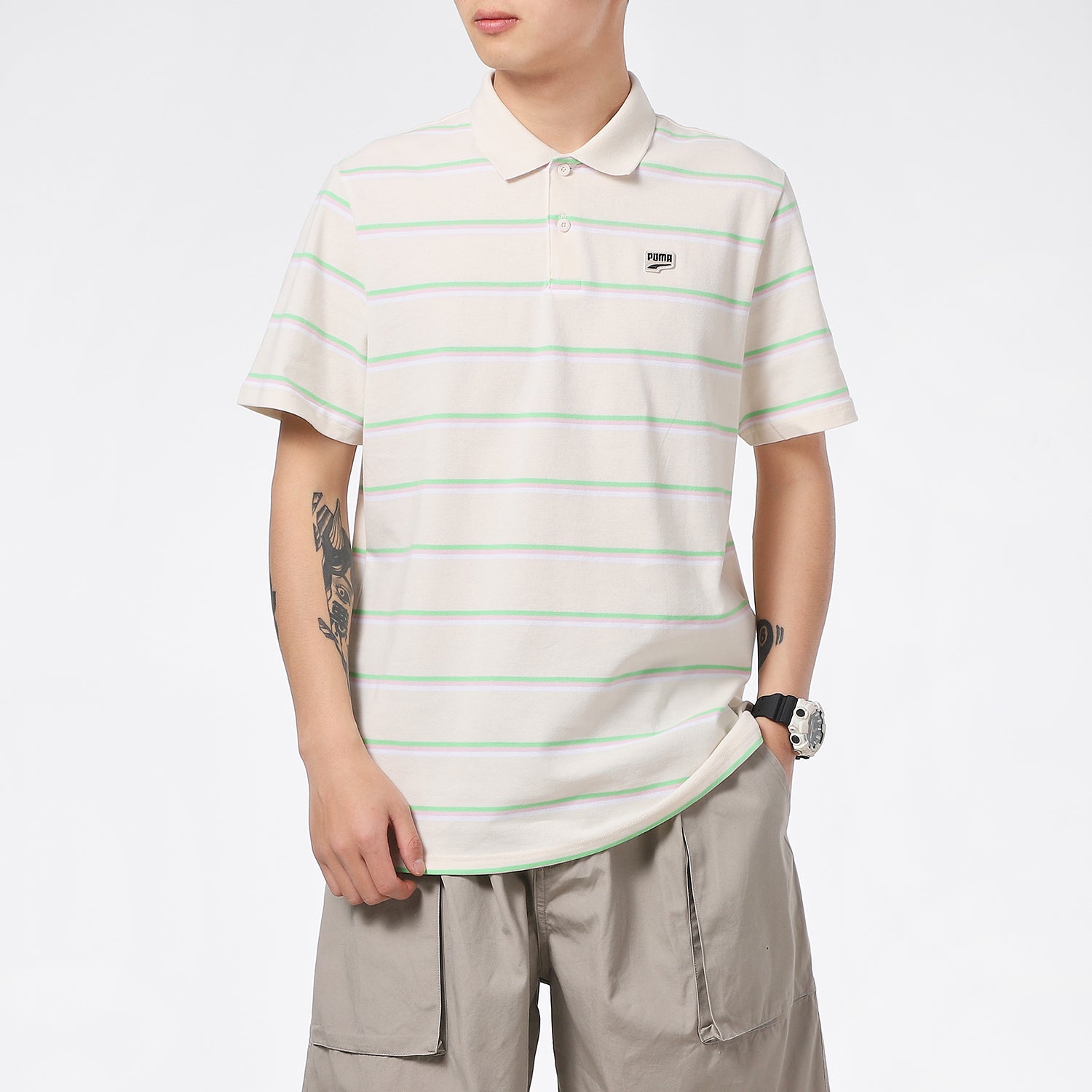 PUMA puma downtown stripe polo tee shirt 'beige'