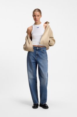 HUGO HUGO Ribbed Stretch Cotton Tank Top with Blue Logo Label