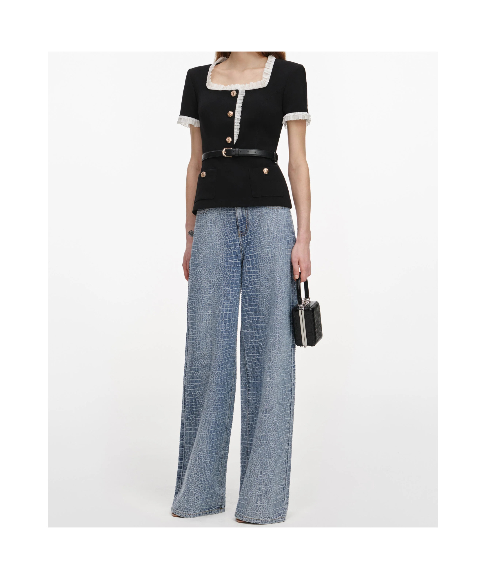SELF-PORTRAIT Self-Portrait Black Crepe Belted Blouse with Gold Buttons and Frill Trim