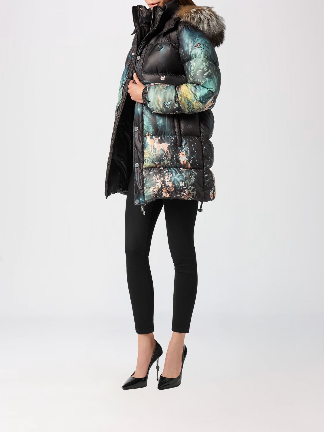PHILIPP PLEIN Philipp Plein "Fairy" Printed Nylon Down Jacket with Fur Trimmed Hood