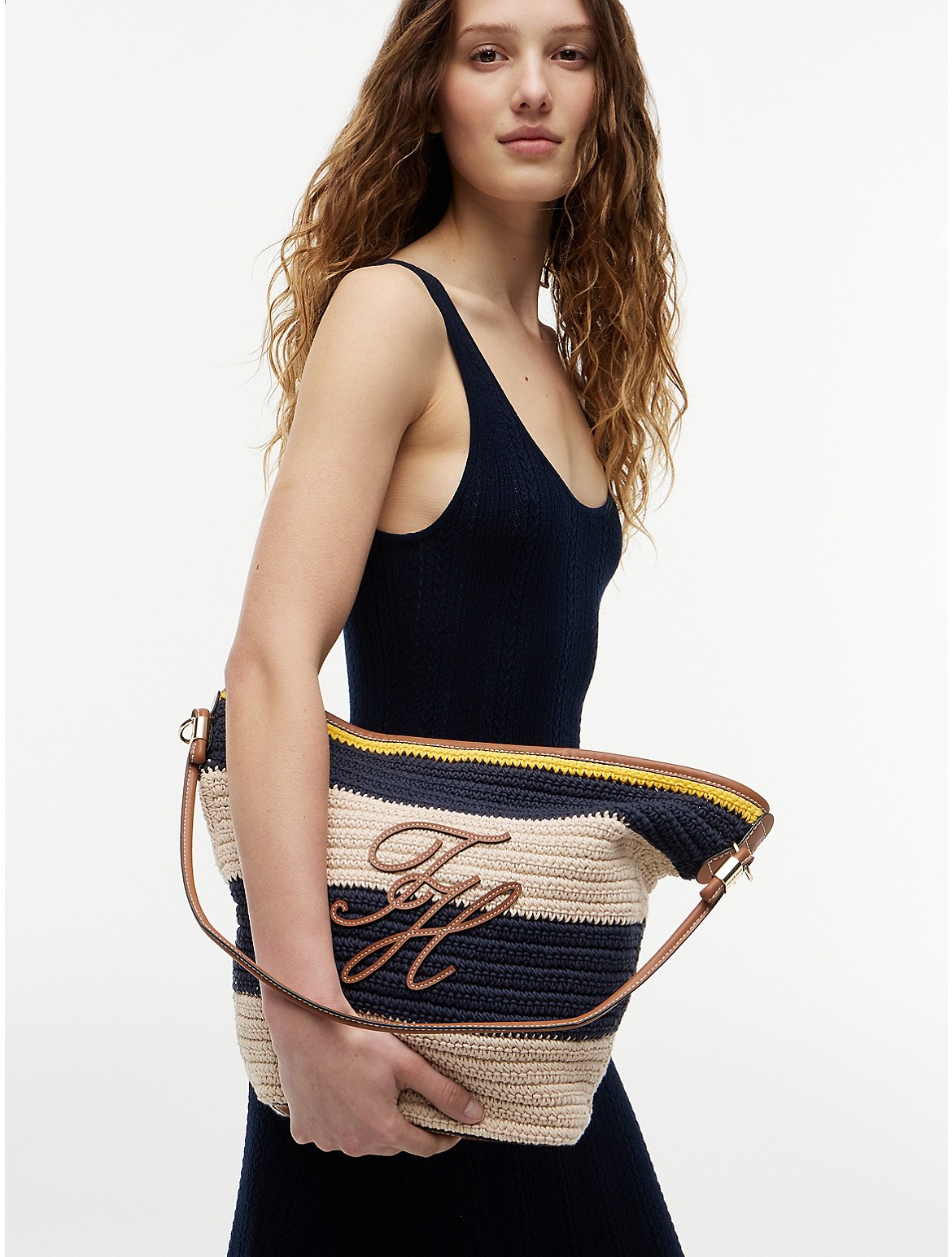 TOMMY HILFIGER Tommy Hilfiger Nautical Striped Crochet Bucket Bag