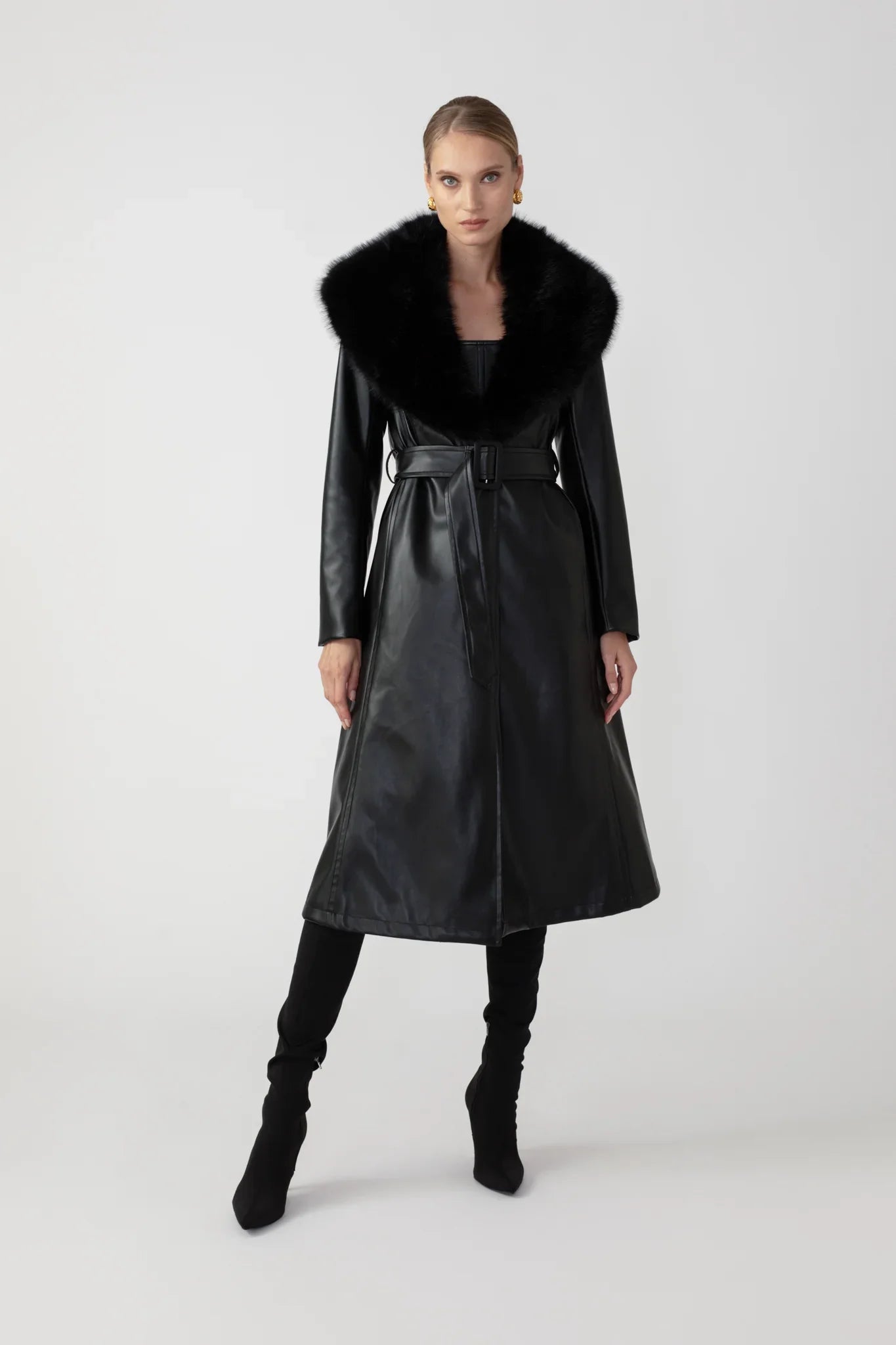 SAU LEE SAU LEE Simone Belted Faux Leather Overcoat with Detachable Faux Fur Shawl Collar