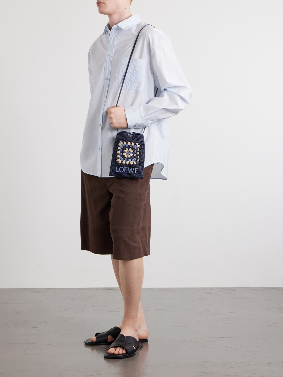 LOEWE LOEWE Paula's Ibiza Crocheted Raffia Bucket Bag with Embroidered Logo