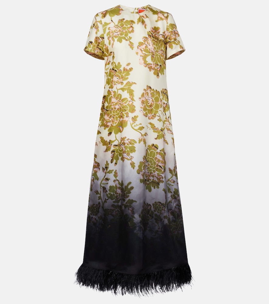LA DOUBLEJ La DoubleJ Swing Feather-Trimmed Floral Silk Twill Maxi Dress