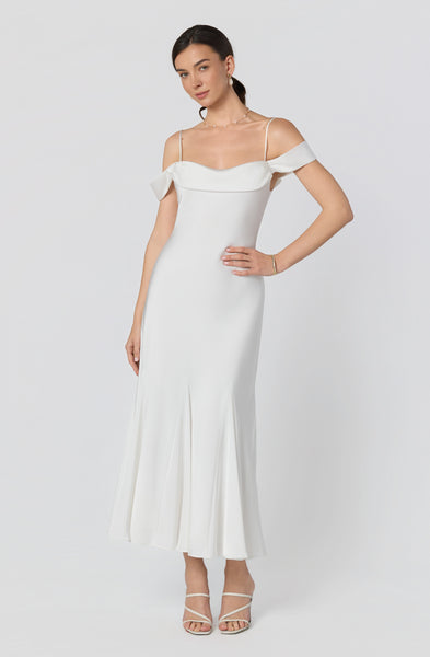 ASTR THE LABEL ASTR the Label Araxie Satin Off-Shoulder Godet Midi Dress