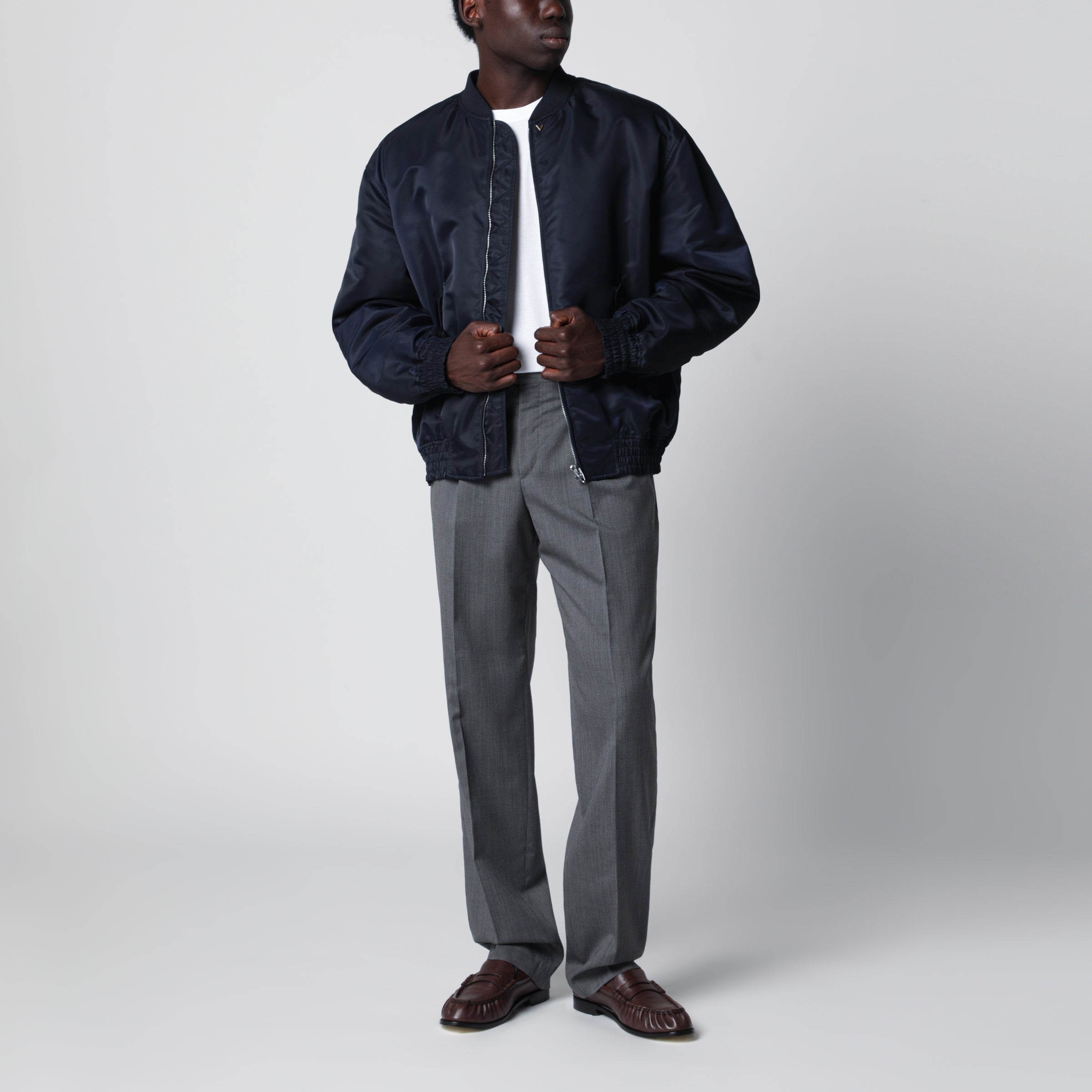 VALENTINO Valentino Glossy Nylon Zip-Up Bomber Jacket with Vlogo Detail