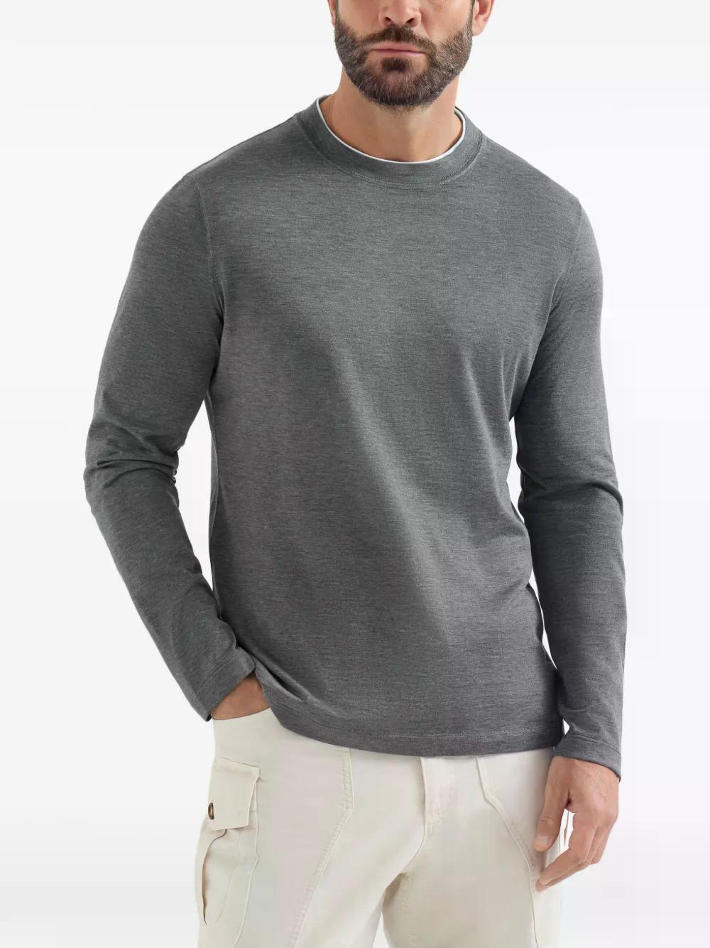 BRUNELLO CUCINELLI silk and cotton lightweight jersey long sleeve crew neck t-shirt with contrast detail