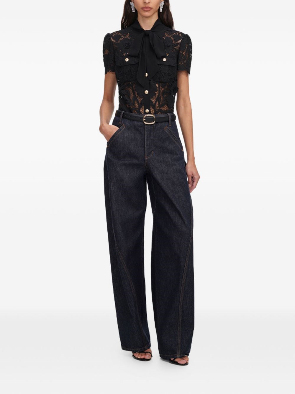 SELF-PORTRAIT SELF PORTRAIT Black Lace Tie Neck Short Sleeve Blouse