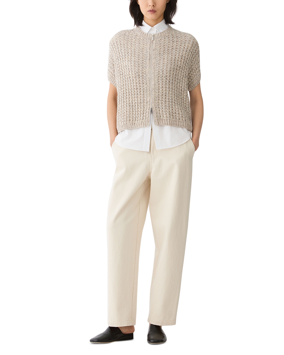 LAFAYETTE 148 NEW YORK Lafayette 148 New York Flax Linen Cotton Open Knit Zip-Up Vest