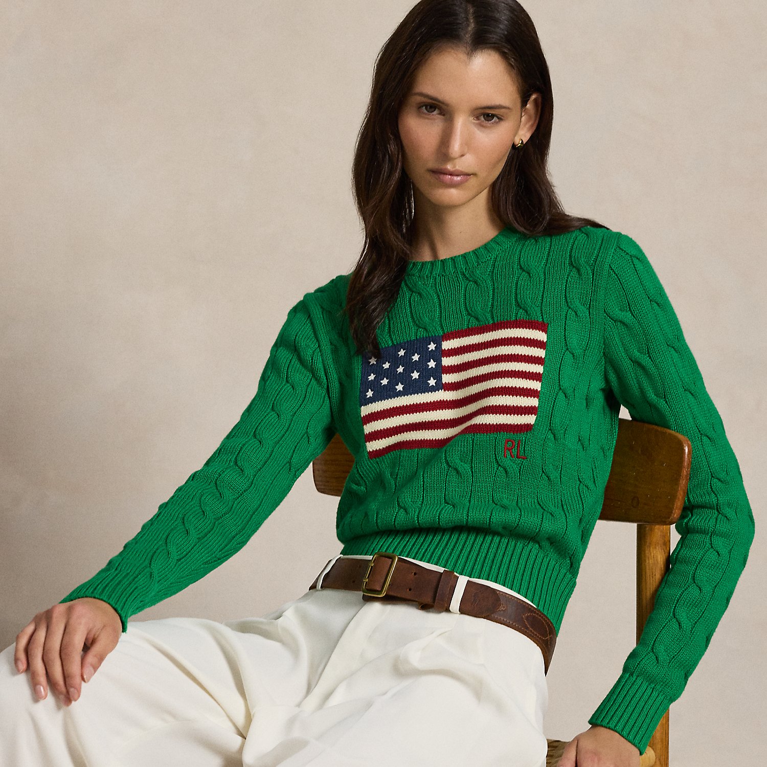 RALPH LAUREN flag cable-knit cotton cropped sweater