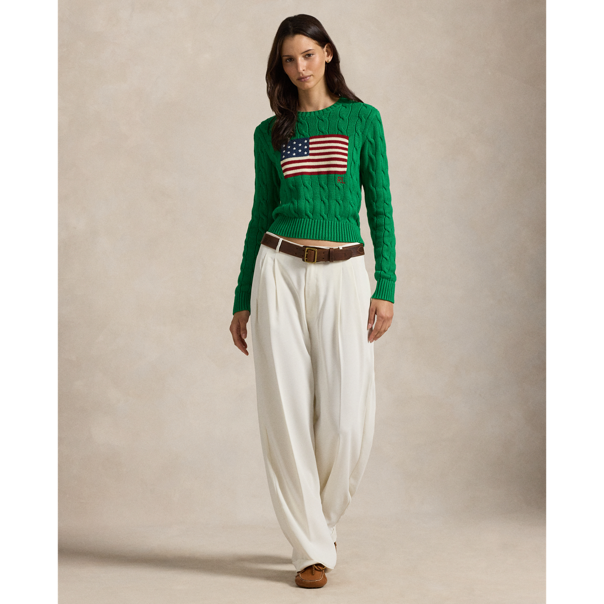 RALPH LAUREN flag cable-knit cotton cropped sweater