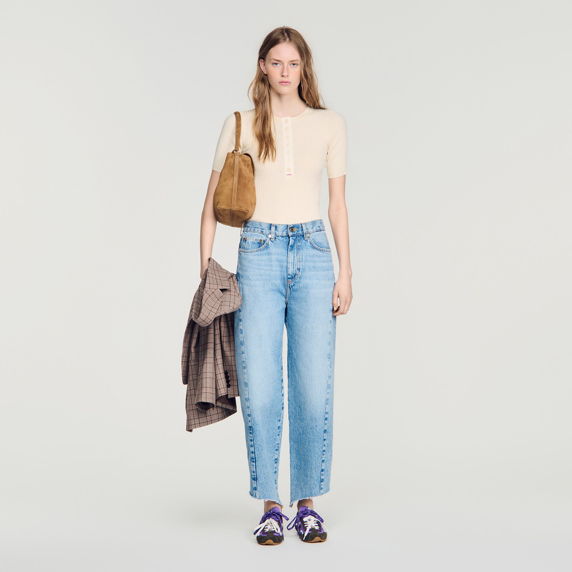 SANDRO Sandro Ribbed Knit Top with Button Placket