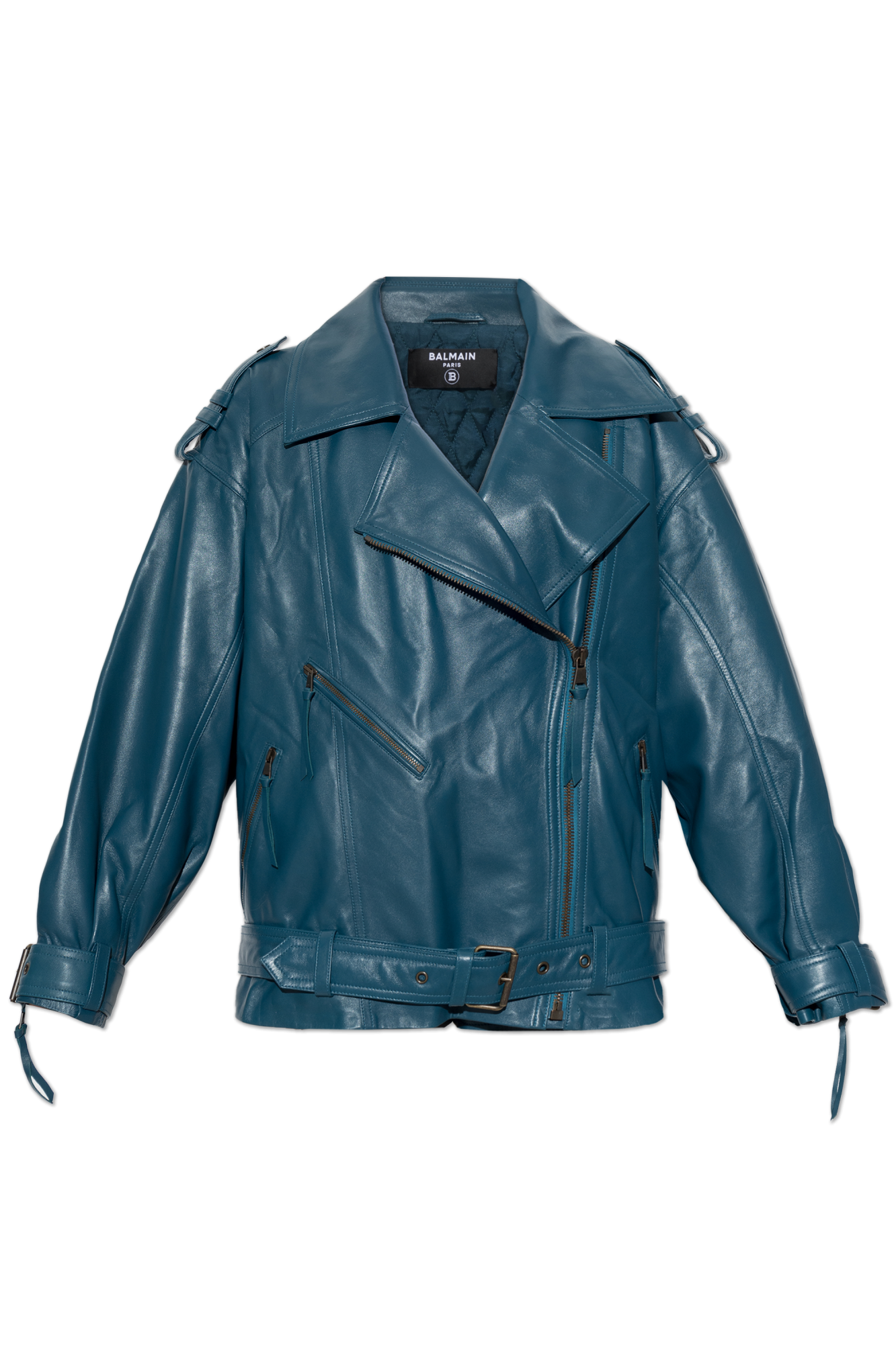 BALMAIN Balmain Blue Leather Belted Biker Jacket