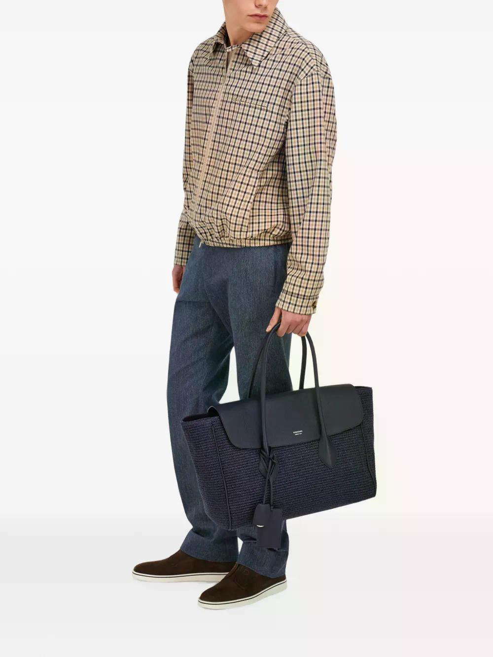 SALVATORE FERRAGAMO Ferragamo East-West Tote Bag in Braided Raffia and Calfskin