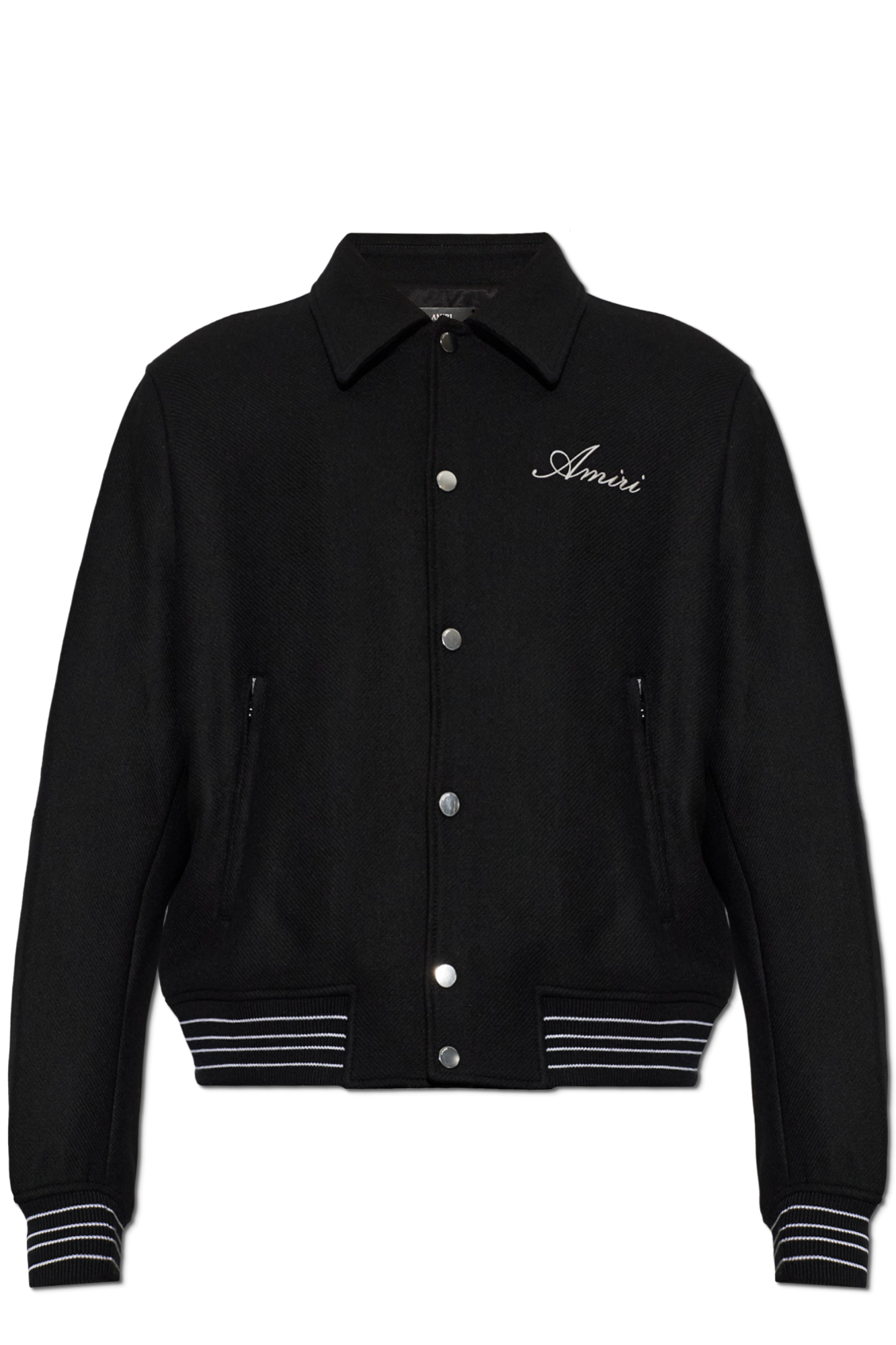 AMIRI Amiri Wool Varsity Jacket with Embroidered Logo and Striped Trim