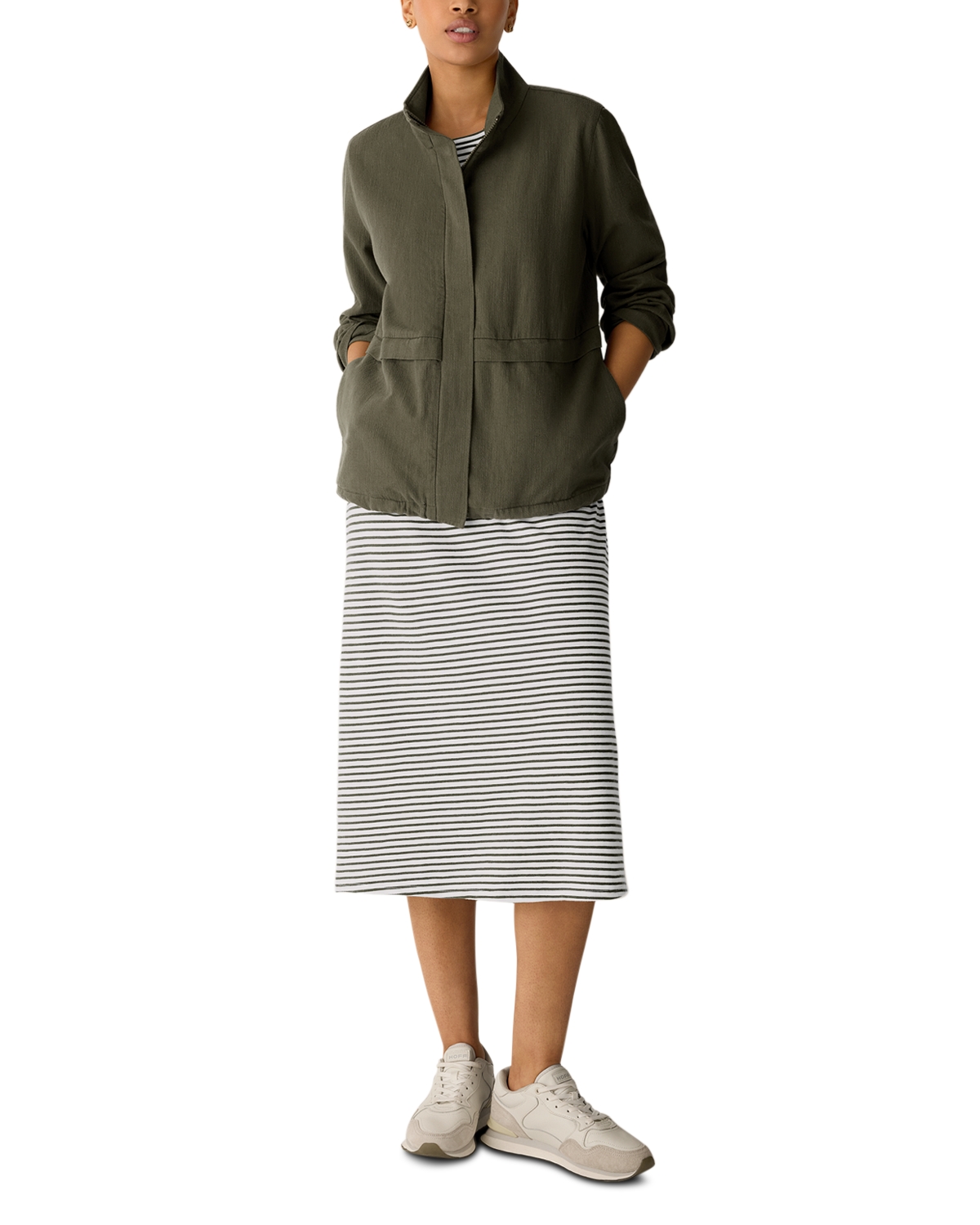 EILEEN FISHER Eileen Fisher Mock Neck Zip-Up Jacket in Cotton Linen Blend