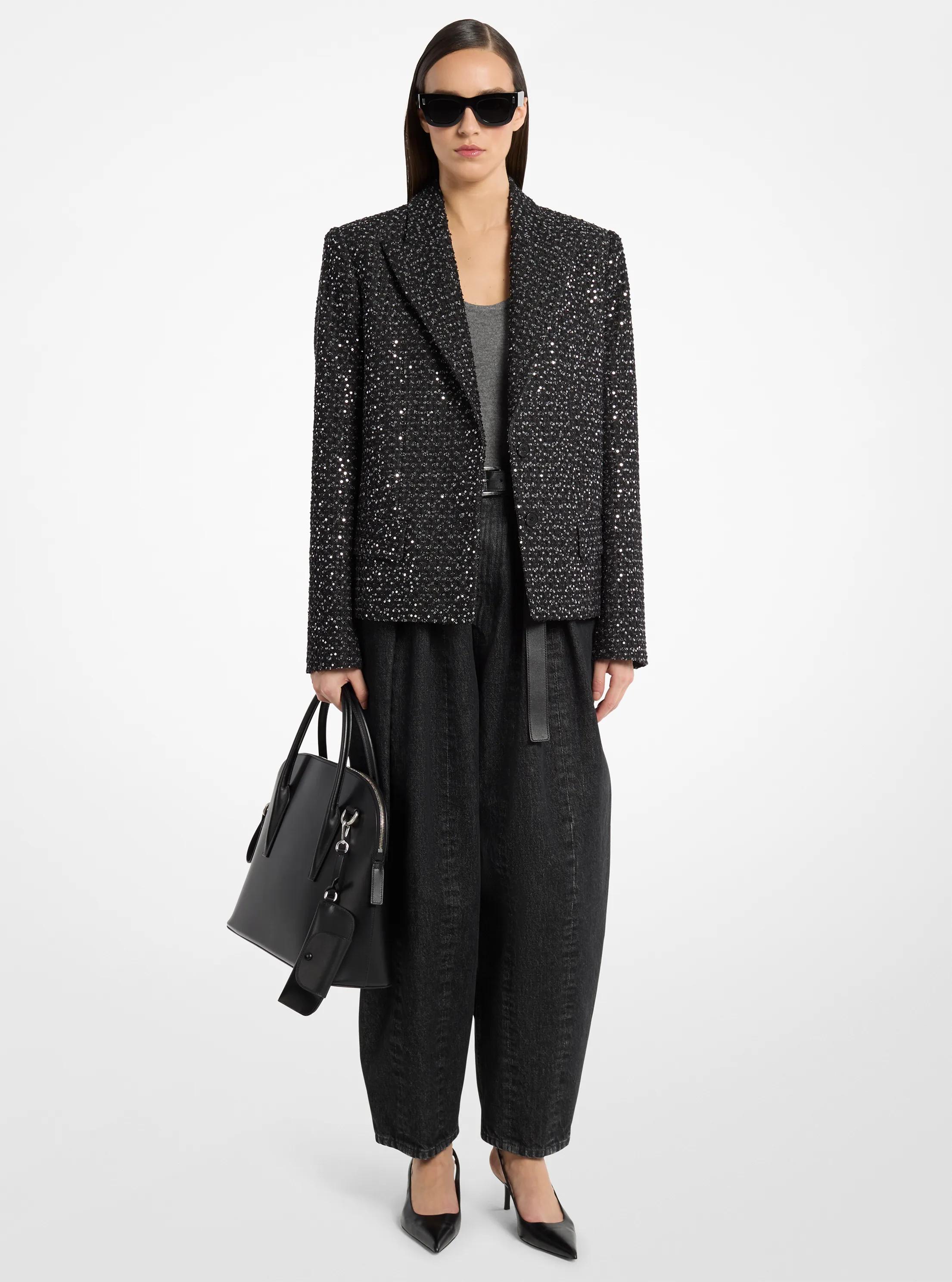 MICHAEL KORS Michael Kors Collection Sequined Denim Tweed Cropped Blazer