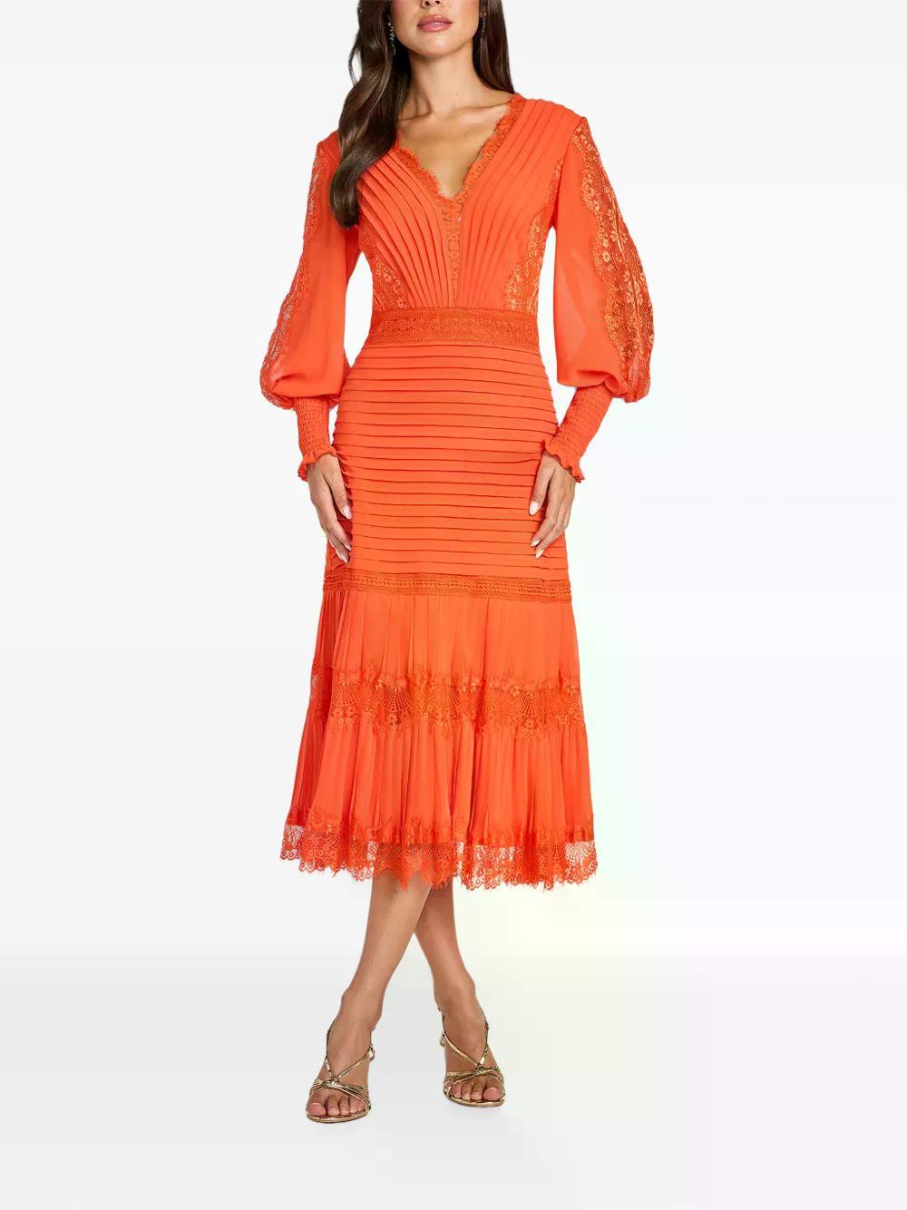 TADASHI SHOJI Tadashi Shoji Nyssa Bishop Lace-Trimmed Pleated Midi Dress