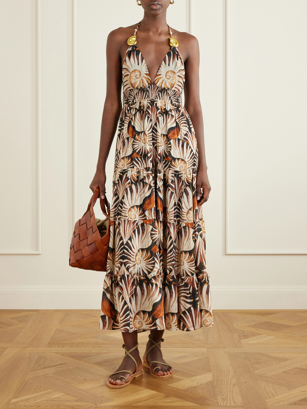 FARM RIO Farm Rio Embellished Printed Shirred Halterneck Midi Dress