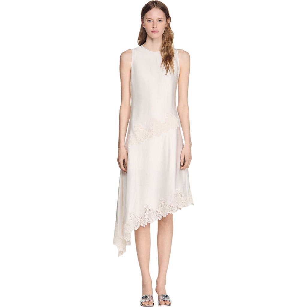 SANDRO Sandro Asymmetrical Satin-Effect Dress with Lace Embellishments