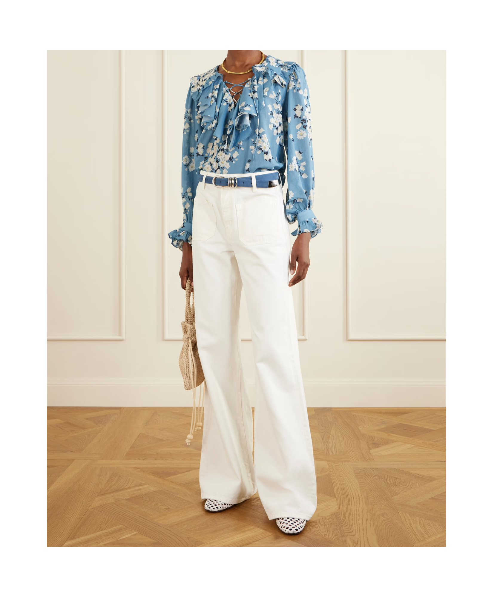 RIXO RIXO Floral Print Ruffled Blouse with V-Neck Tie Detail