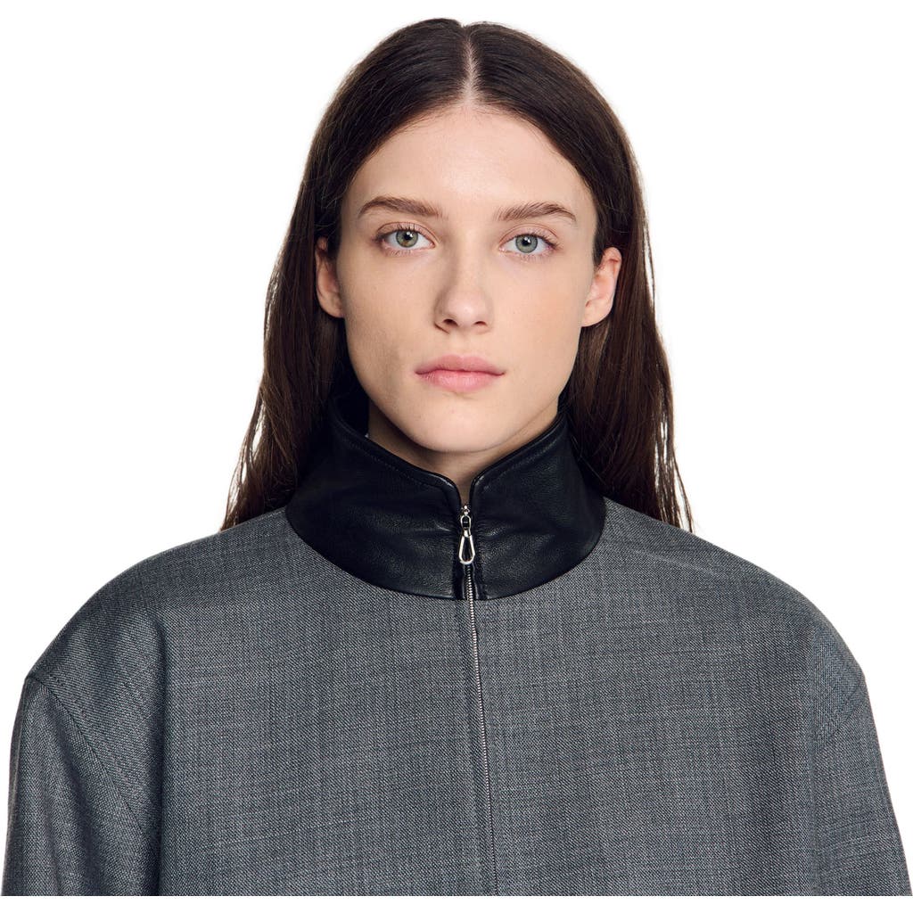 SANDRO Sandro Oversized Jacket with Leather Stand Collar
