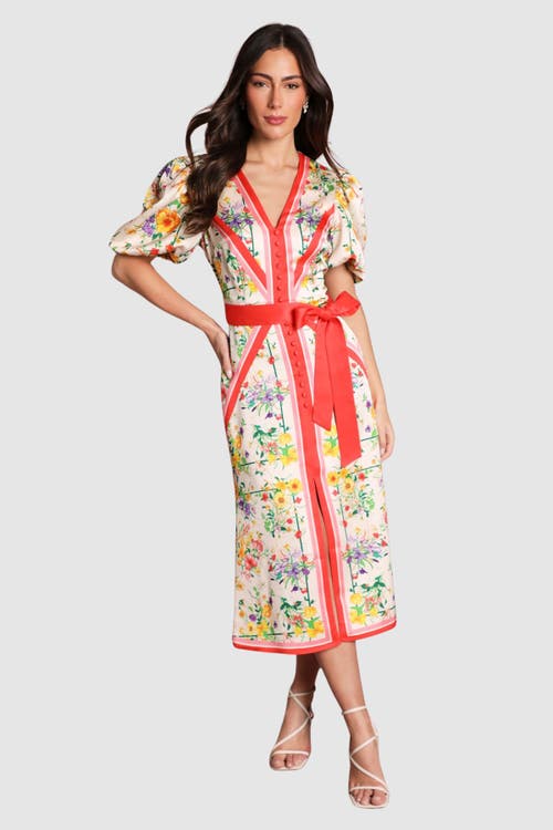 COAST Coast Satin Scarf Print V-Neck Midi Dress with Puff Sleeves and Belted Waist