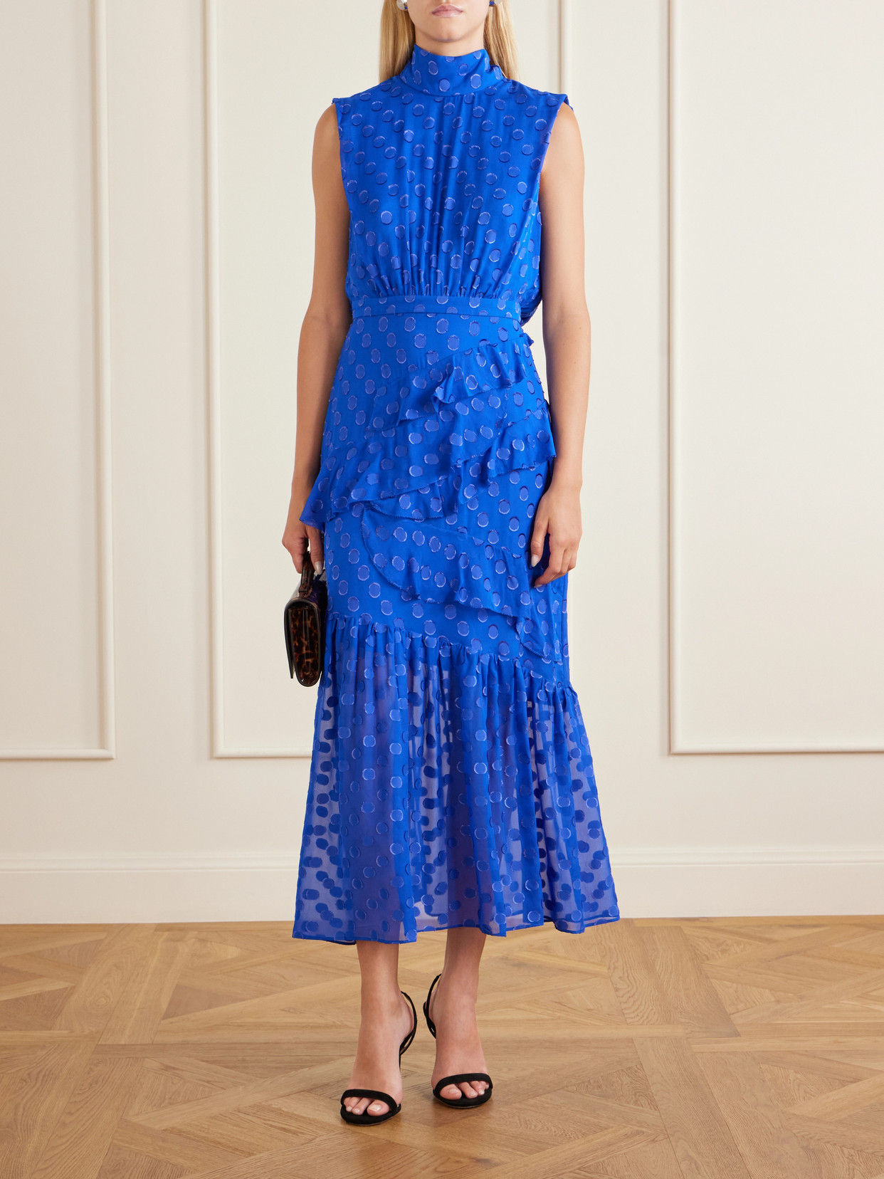SALONI Saloni Fleur Polka Dot Ruffled Silk-Blend Crepe de Chine Midi Dress