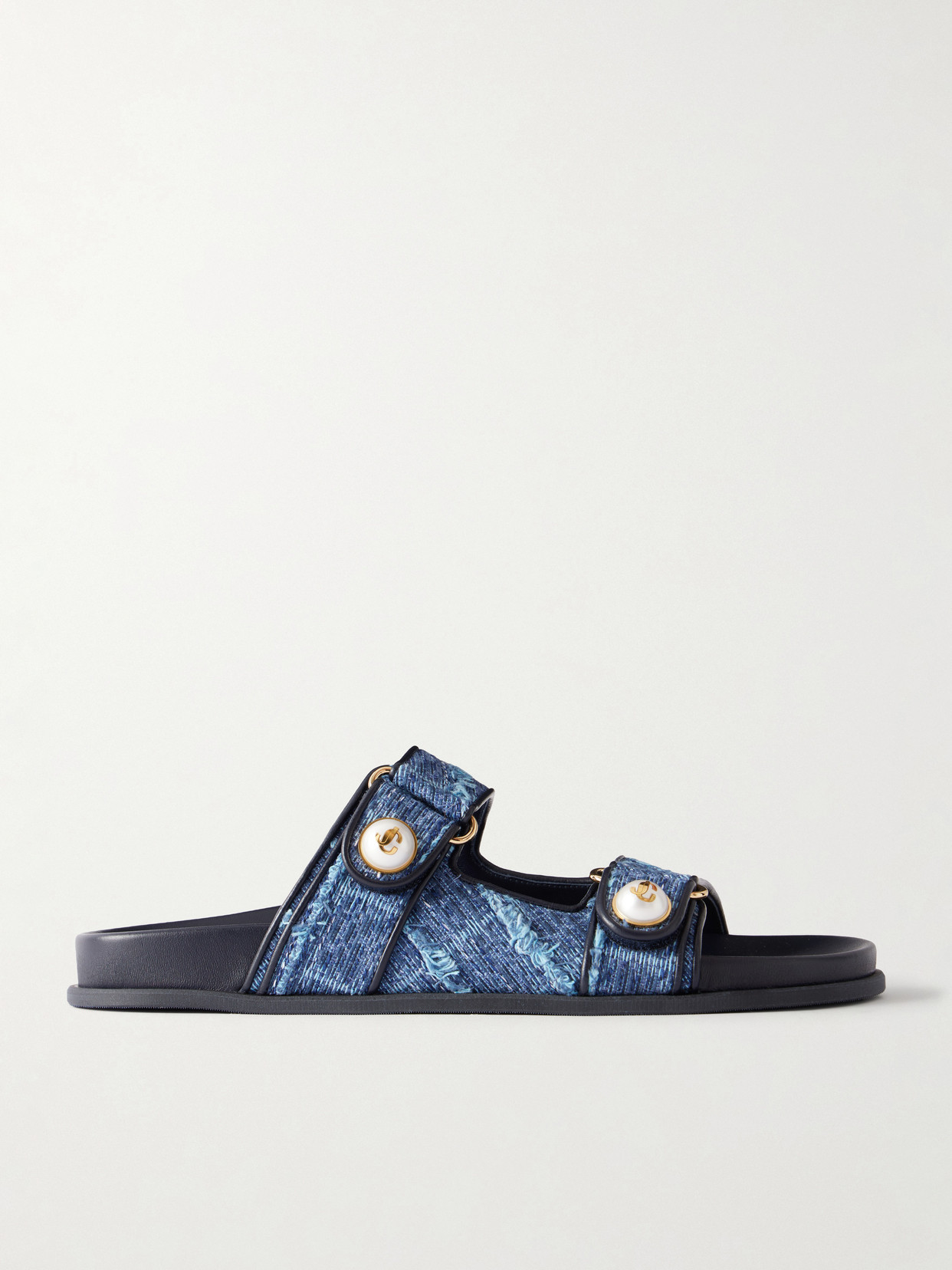 JIMMY CHOO Jimmy Choo Fayence Embellished Frayed Denim Sandals