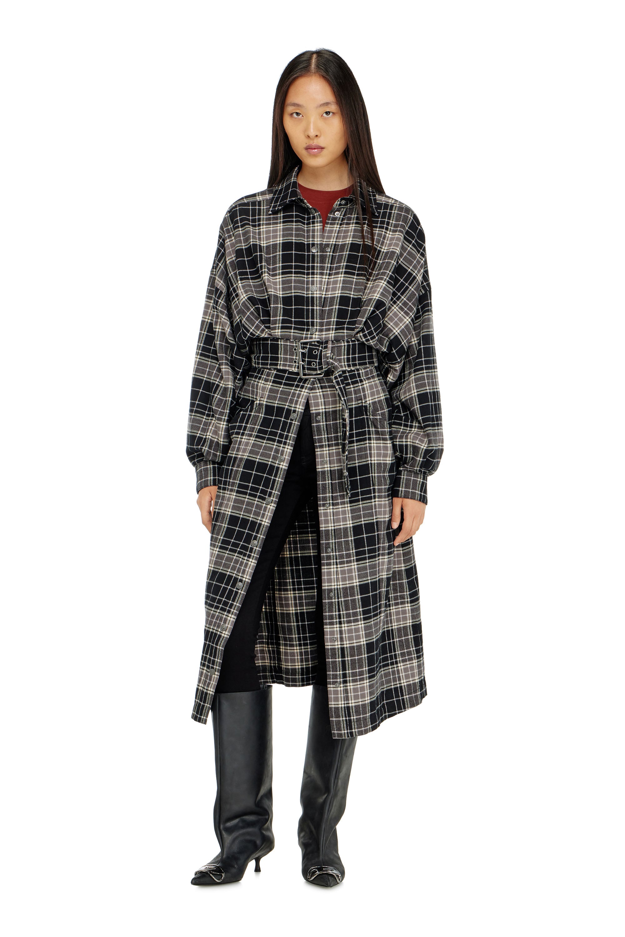 DIESEL® Diesel Checked Flannel Midi Shirt Dress with Wide Belt