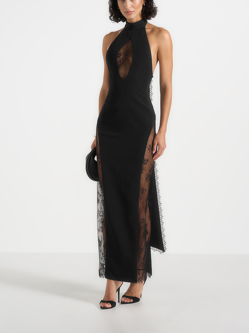 MANIÈRE DE VOIR Manière De Voir Black Lace Trim Halter Maxi Dress