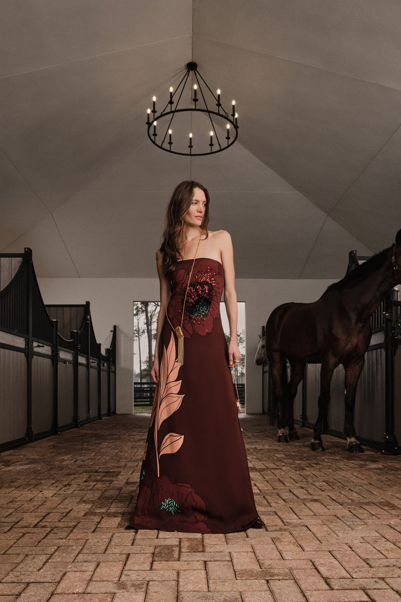 johanna ortiz petals strapless embellished silk maxi dress Johanna Ortiz Strapless Red Petals Embellished Maxi Dress