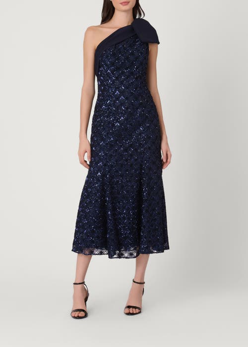 SHOSHANNA Shoshanna Midnight Diamond Sequin Mesh One-Shoulder Gown