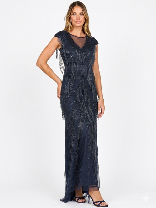 LARA NEW YORK LARA New York Beaded Fringe V-Neck Gown with Cap Sleeves