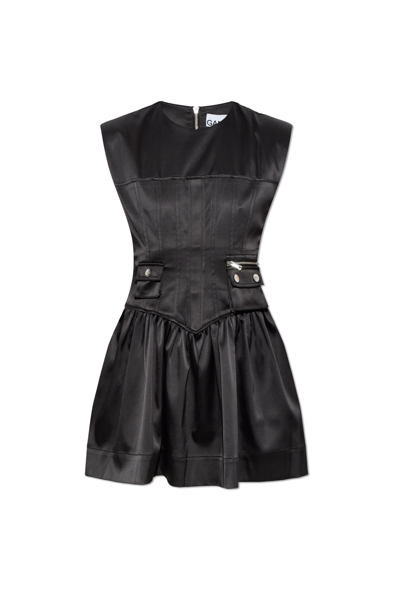 GANNI Ganni Sleeveless High Neck Satin Mini Dress with Utility Pockets
