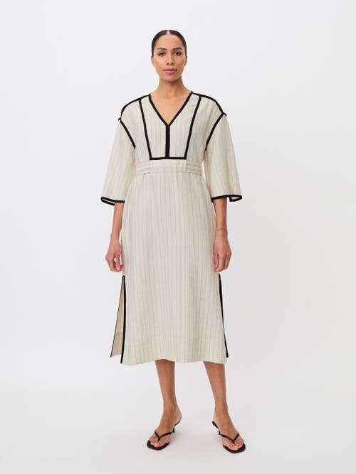 MASAI COPENHAGEN Masai Copenhagen Linen-Blend Striped V-Neck Midi Dress with Tie Belt