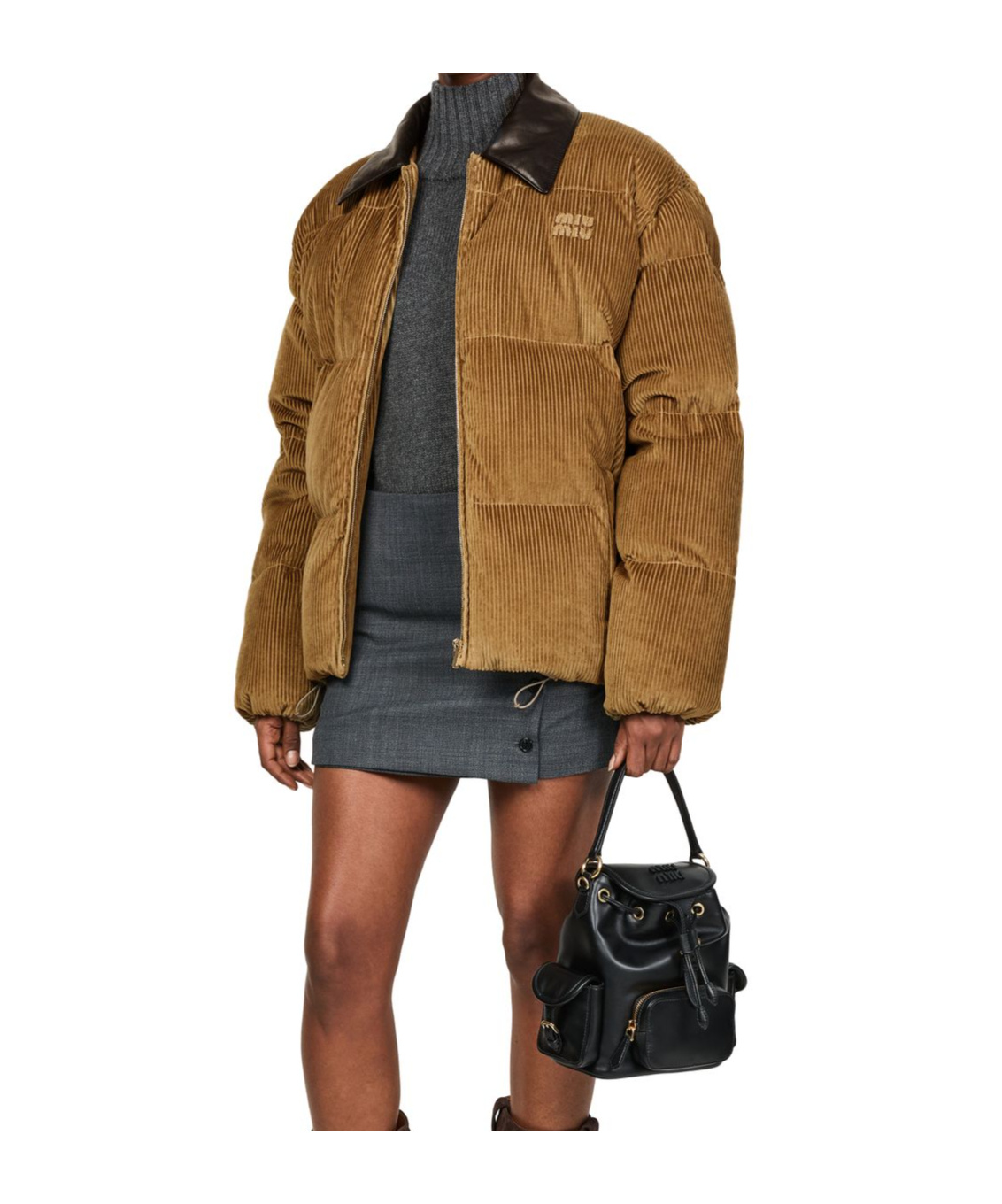 MIU MIU Miu Miu Zip Up Corduroy Puffer Jacket with Graphic Detail