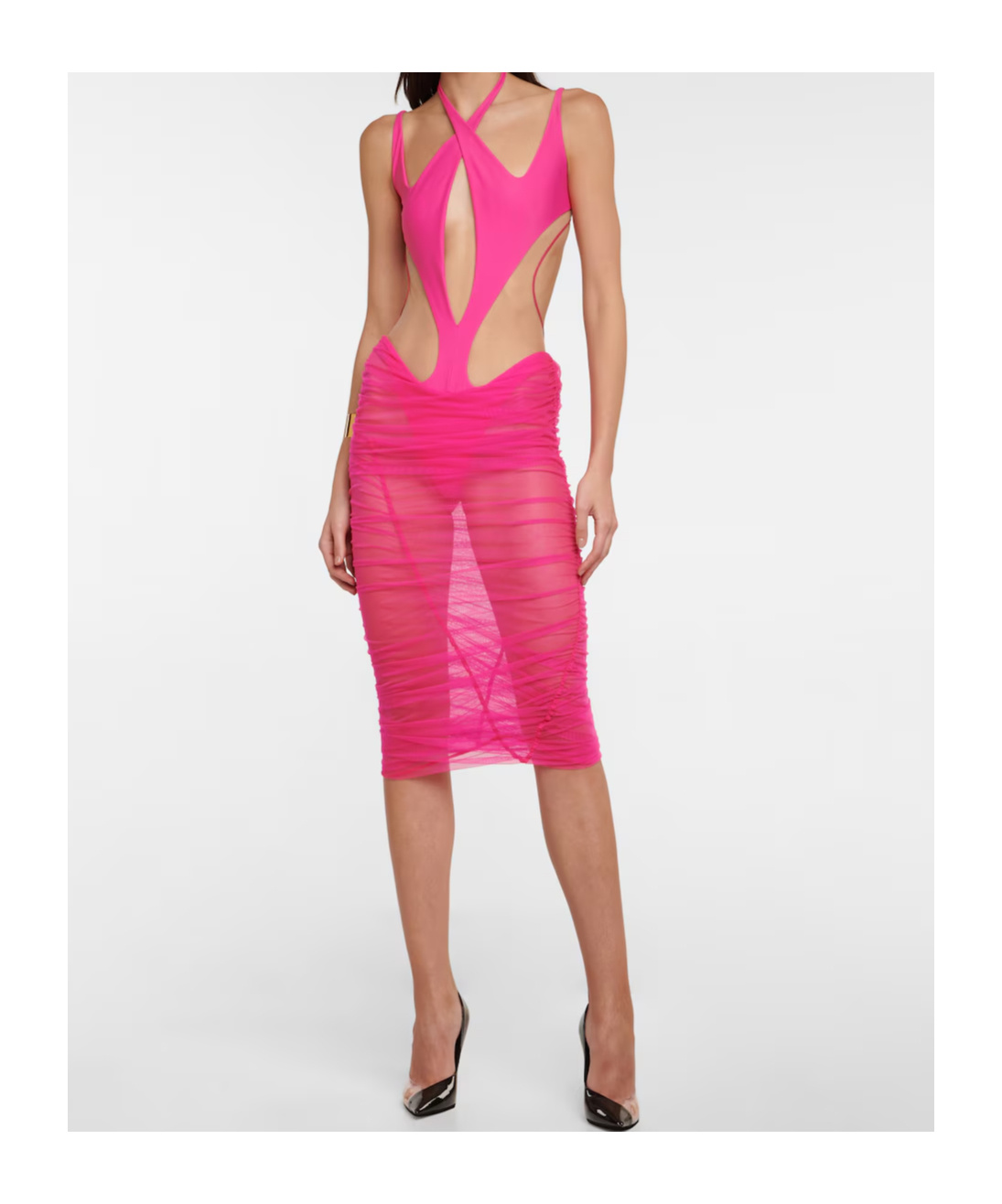 MUGLER Mugler Cutout Paneled Tulle Midi Dress