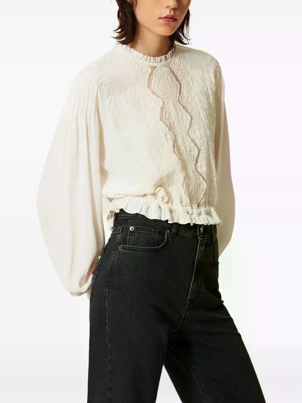 TWINSET TWINSET Crêpe Blouse with Floral Embroidery and Ruffled Hem