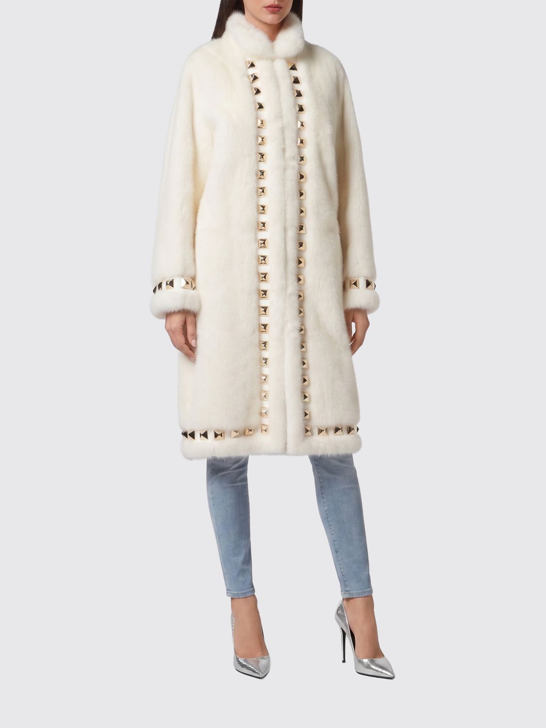 PHILIPP PLEIN Philipp Plein Single-Breasted Mink Fur Coat with Stud Embellishments