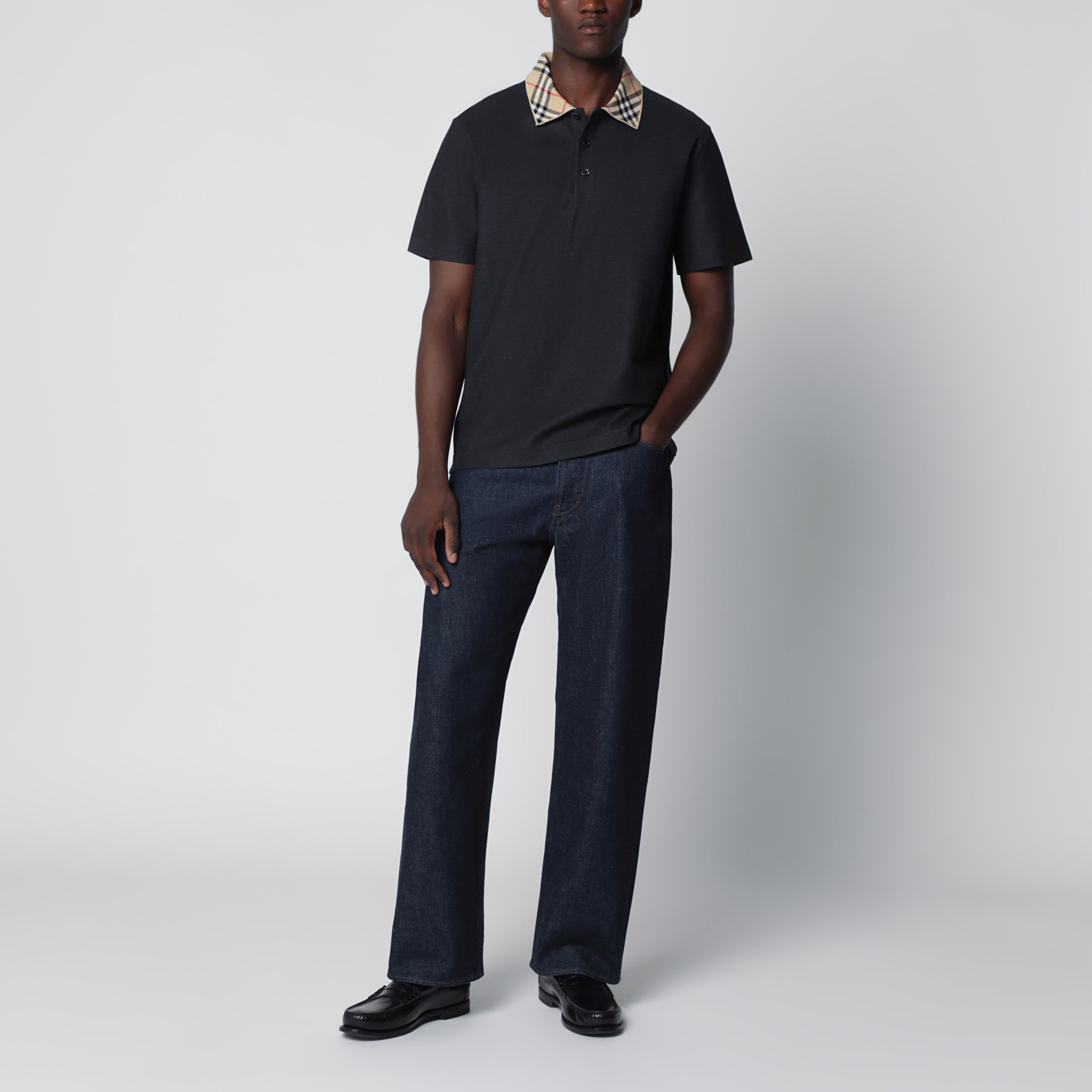 BURBERRY Dark grey polo shirt with Check collar